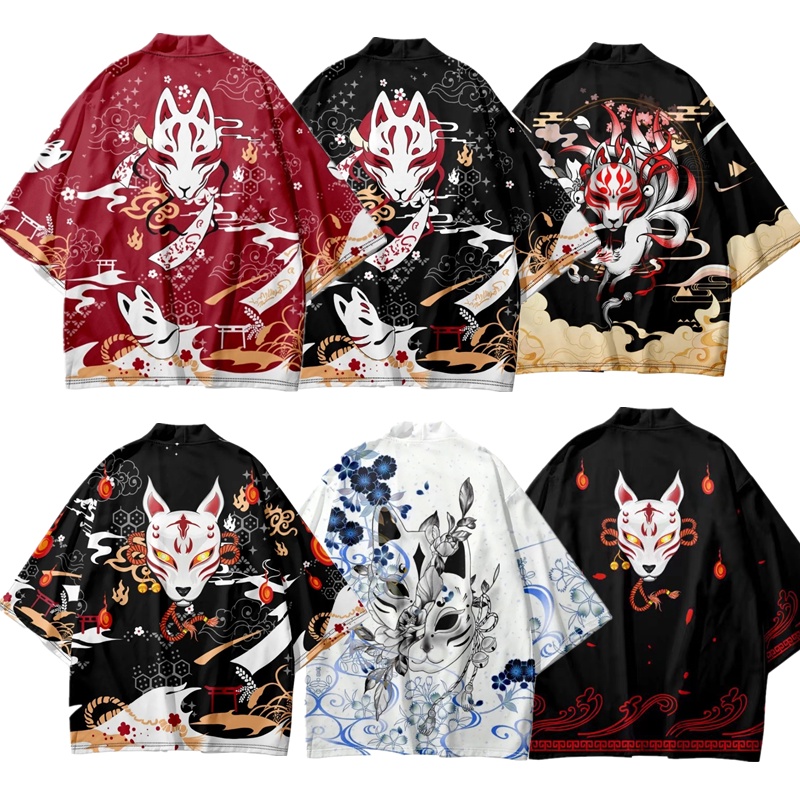 Japanese Inari God Fox Print Black and Red Kimono Cardigan Cosplay ...