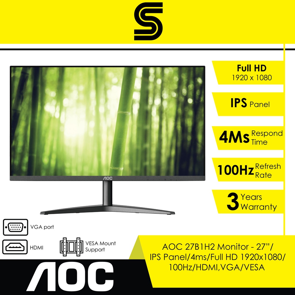 AOC 27B1H2 Monitor - 27”/IPS Panel/4ms/Full HD 1920x1080/100Hz/HDMI,VGA ...
