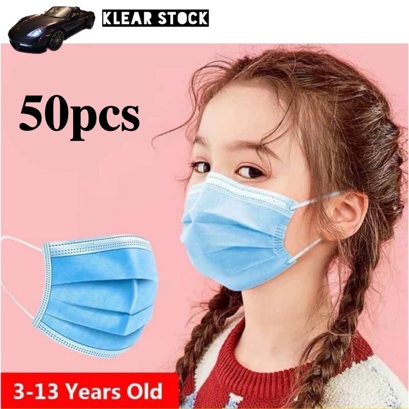 50pcs x 3ply Kid Kids Blue Mask Children Face Disposable Non-woven ...