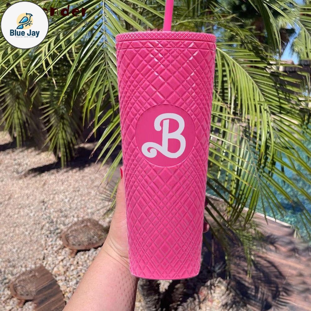 BJ Pink Barbie Cup, With Straw Studded Tumbler Straw Water Bottle ...