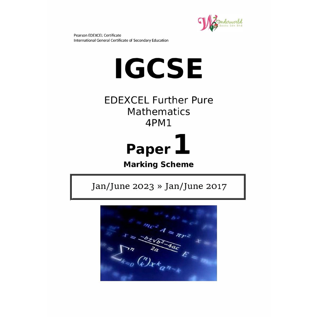 IGCSE Edexcel Further Pure Mathematics 4PM1 | Paper 1 | Marking Scheme ...