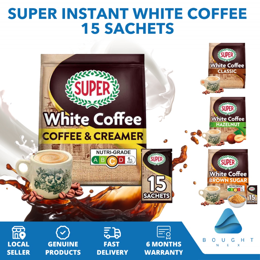 SUPER Instant White Coffee Mix 15 Sachets Classic Brown Sugar Hazelnut ...