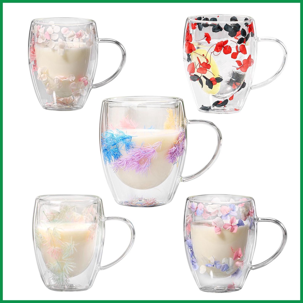 Double Walled Glass Coffee Mugs 350ml Dried Flowers Double Wall Glass ...