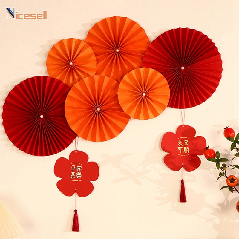 6pc/set 2025 CNY Paper Flower Fan Simple Style Pendant Blessing ...