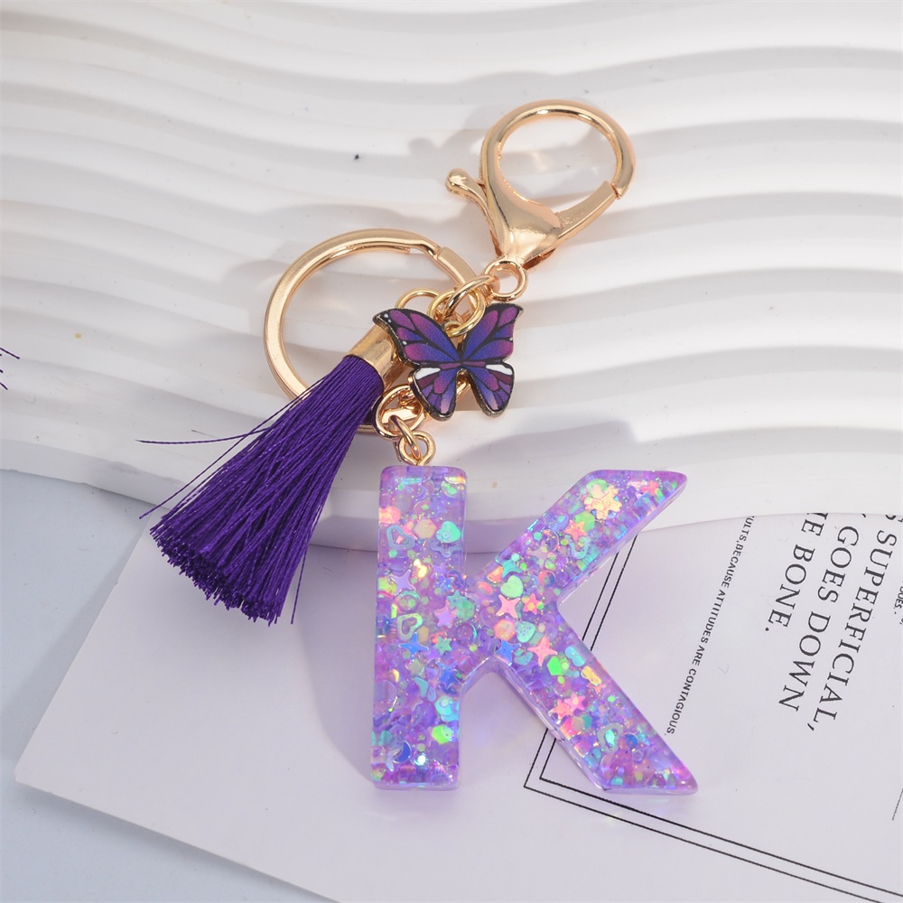Glitter 26 Initials Name Keychain Purple Color Sequin Filled Letter Key ...