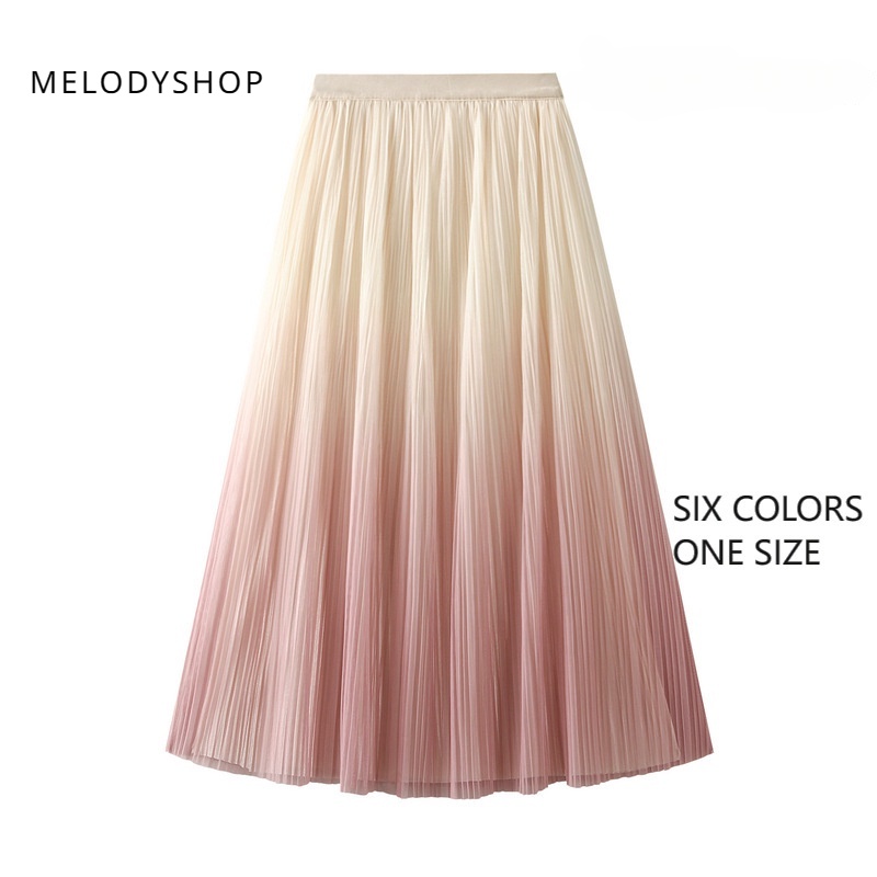 【Gradient Mesh Pleated Skirt 】Double-Layer Design Stylish Skirt Flowy ...
