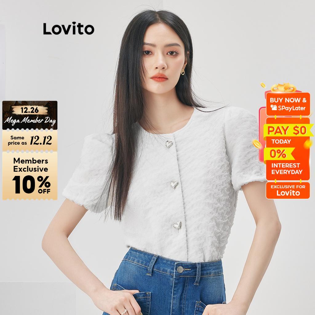 Lovito Casual Plain Pearl Buttons Puff Sleeve Blouse for Women L52AD033 ...