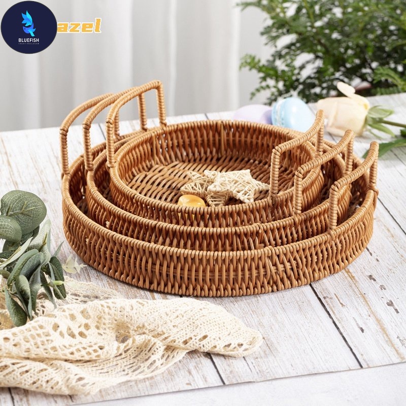 BF Portable Rattan Tray Weaving Food Tray with Handle Round Wicker ...