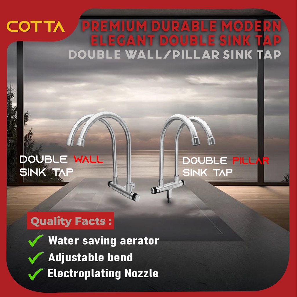 COTTA Double Wall Double Pillar Sink Tap Stainless Steel Pipe Kepala ...