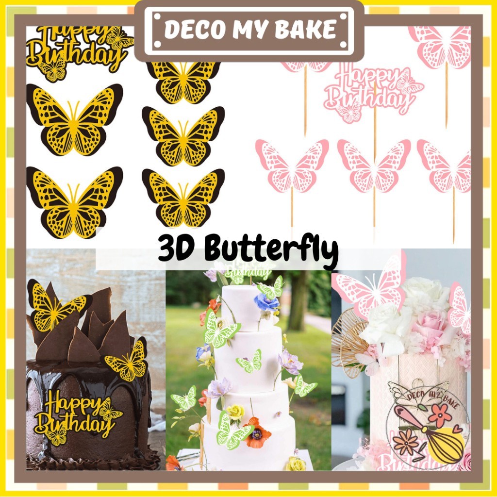 DMB 3D Butterfly Happy Birthday Cake Decoration Cake Topper Kek Hiasan ...