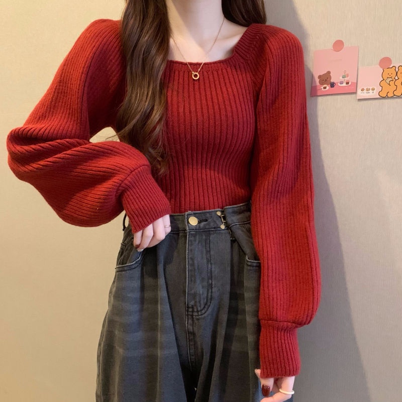 Square-necked red sweater women wear knitted bottomed sweaters to ...