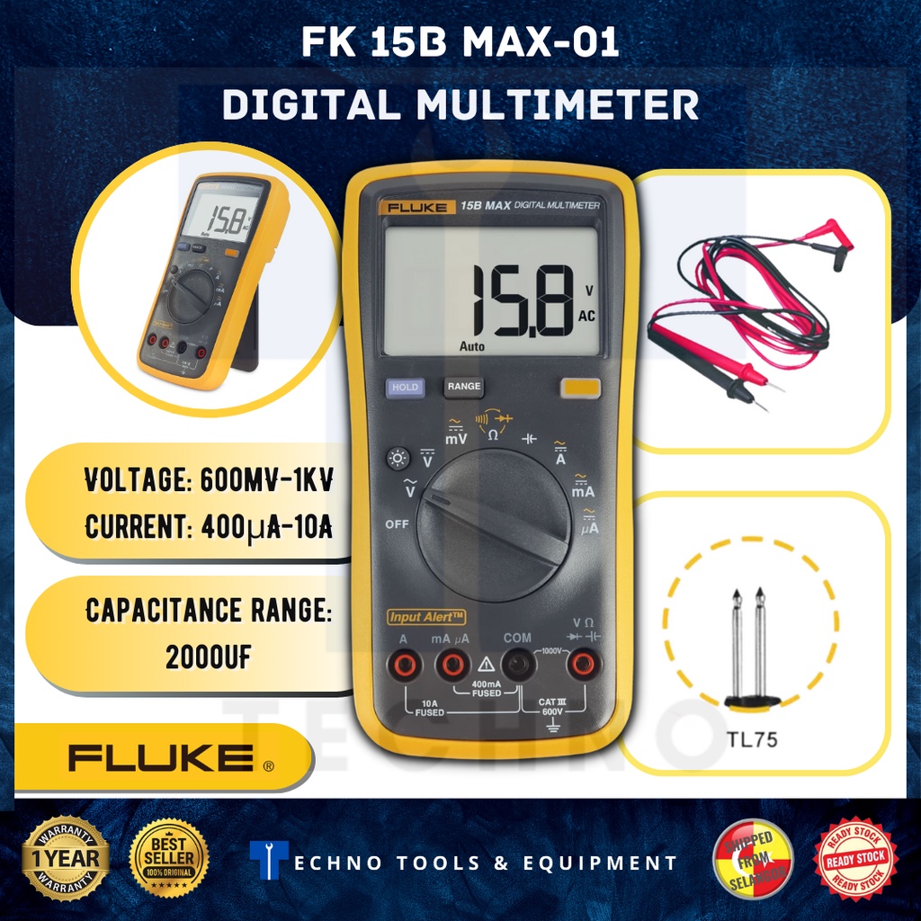 Fluke 15B MAX-01 / MAX-02 / MAX-KIT Economical Digital Multimeter; Capacitance range: 2000u, 10A ...