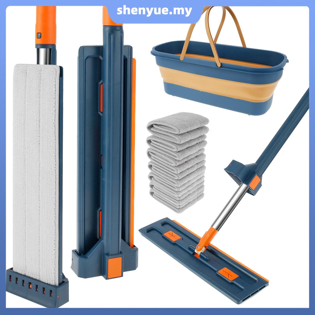 Mop and Foldable Bucket Set Microfiber Mop Hands-Free Flat Floor Mop ...