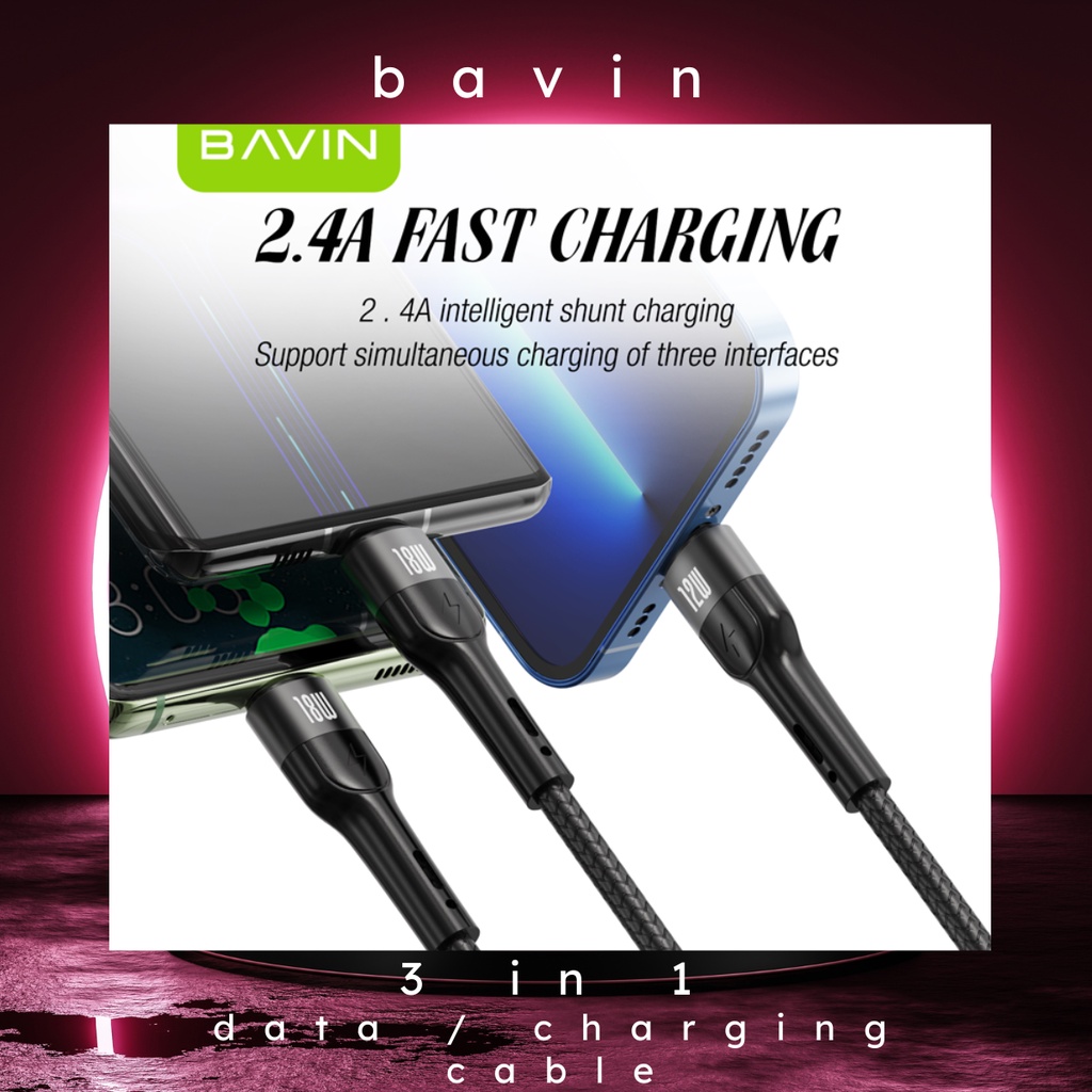 BAVIN CB236-3 18W & 12W 3 in 1 Fast Charging High Density Braided Cable ...