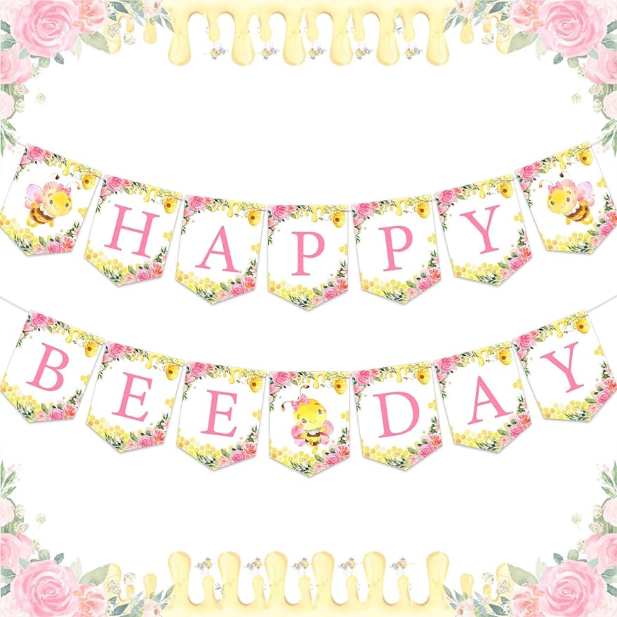 FANGLELAND Happy Bee Day Banner Pink Bee Birthday Party Decorations for ...