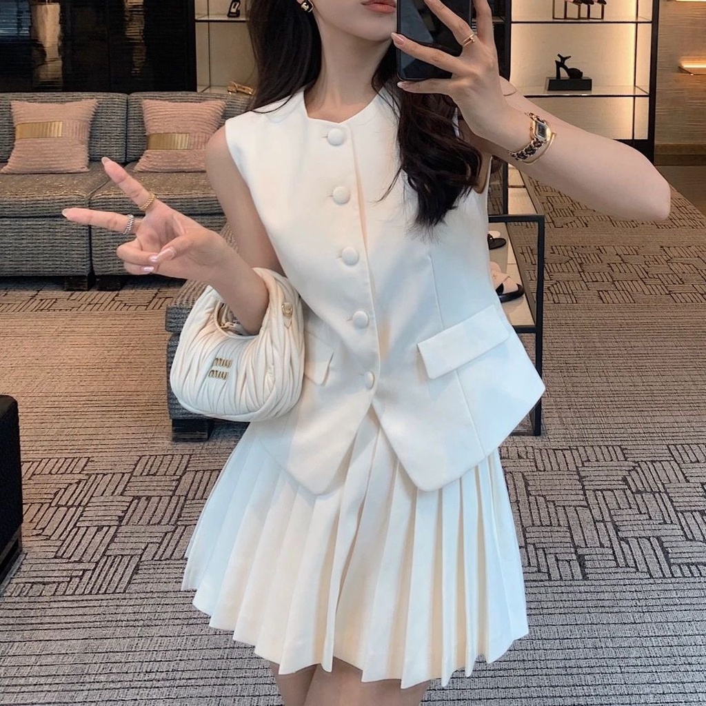 (SET) Woman Fashion Vogue Smart Round Neck Suit Top With Highwaist ...