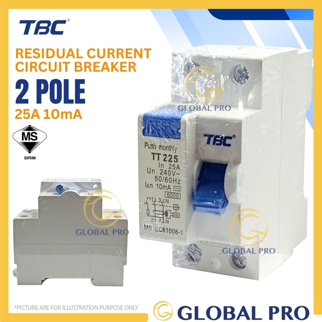 TBC 2 POLE 25A 10mA Residual Current Circuit Breaker ELCB 25A / 40A / 63A 2 Pole ELCB/RCCB MCB ...