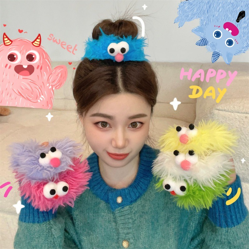Women Korean Cartoon Big Eyes Monster Hair Rope / Funny Ugly Doll Plush ...