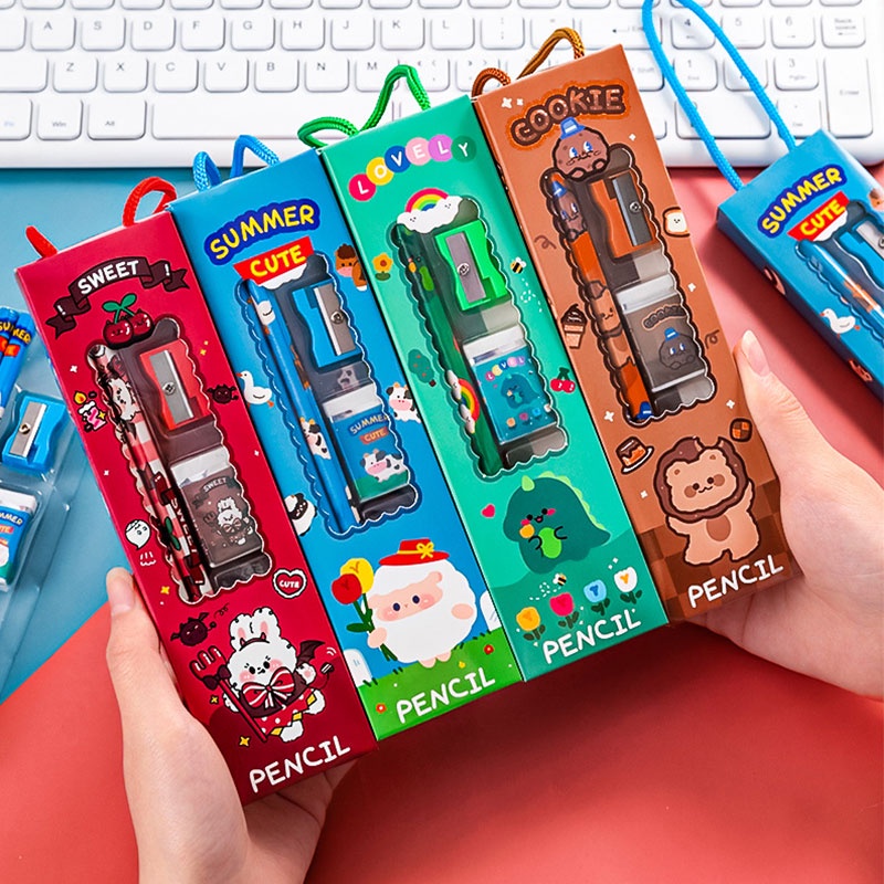 Cartoon Box Stationery Set Cute Pencil Eraser Sharpener Set Student ...