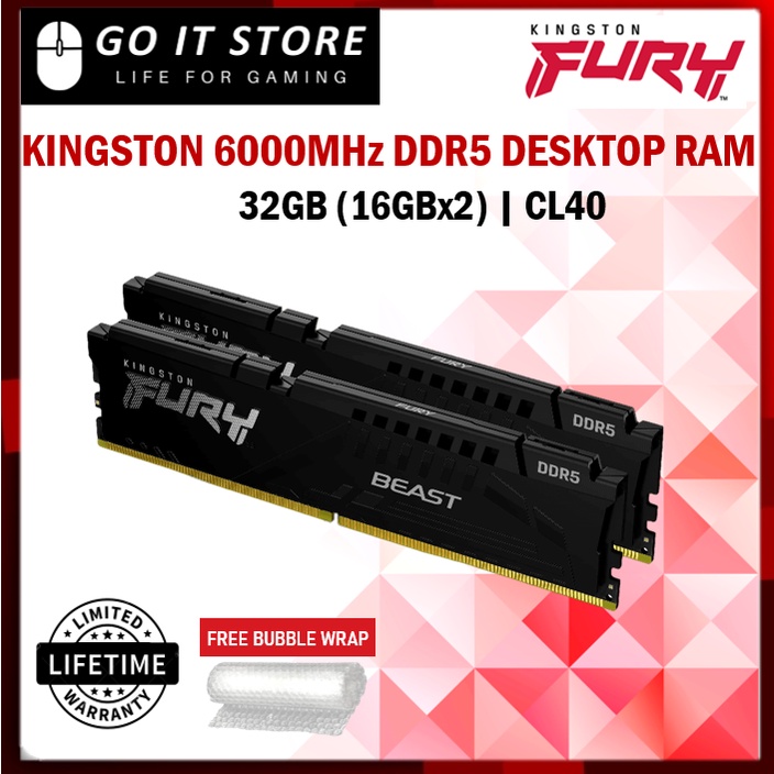 Kingston Ram FURY BEAST 32GB DDR5 6000MHZ CL40 DIMM (16GB X 2) Pc Ram Memory (KF560C40BBK2-32 ...
