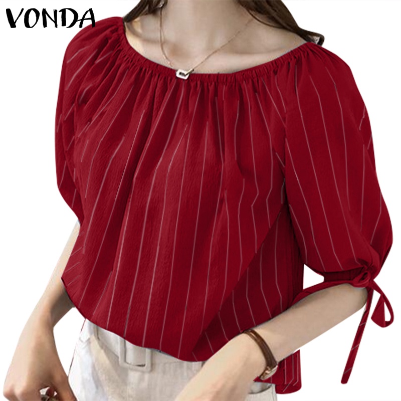 VONDA Women Korean Round Neck Short Sleeves Folding Cuff Drawstring ...
