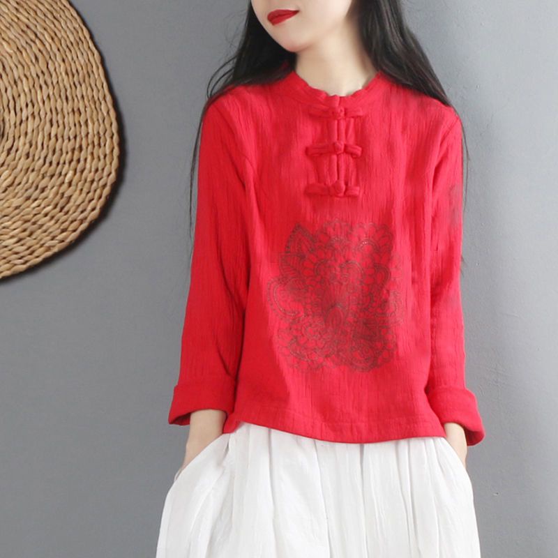 Women Spring Long Sleeve Solid Red Blouses Female Casual Chinese ...