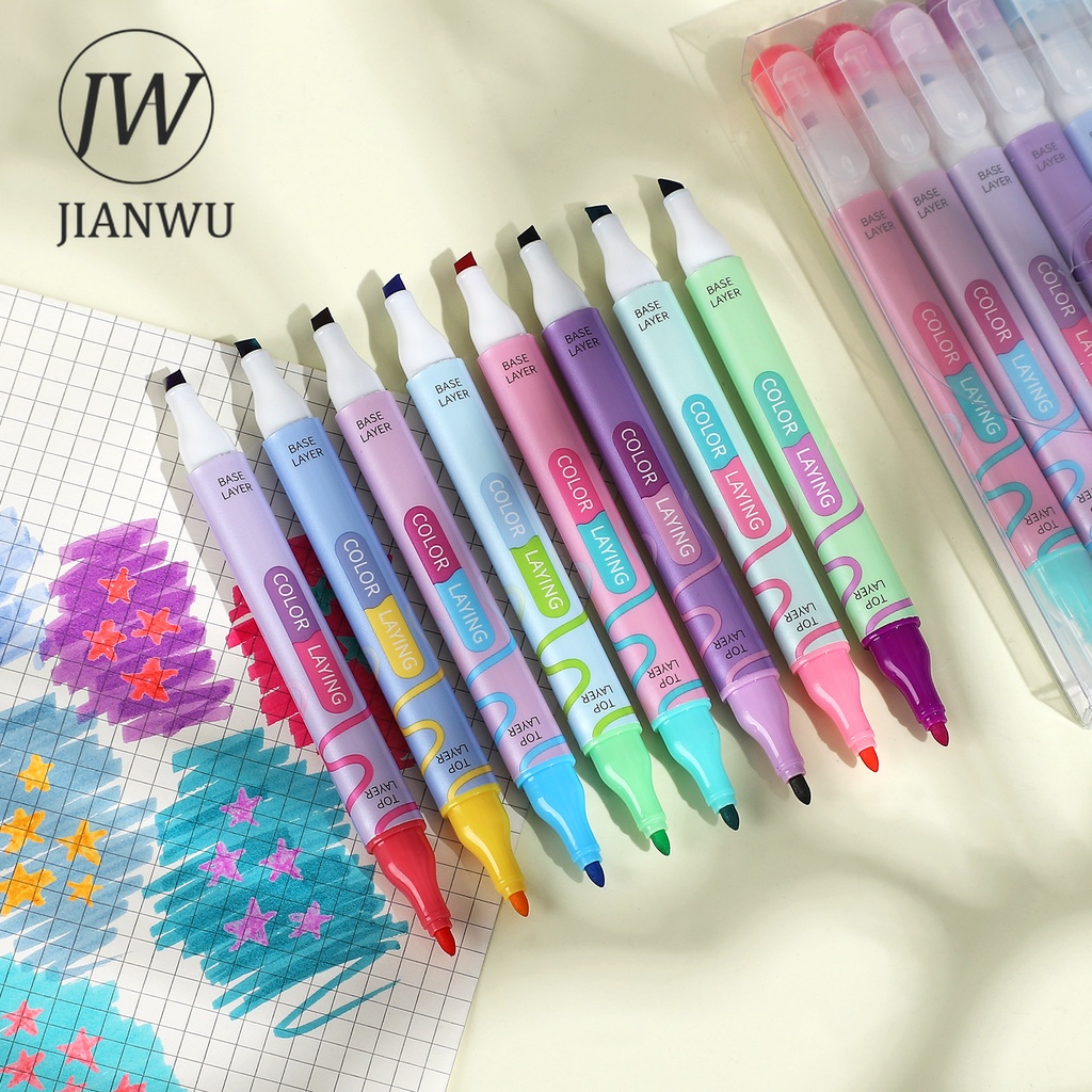 JIANWU 8 Pcs/set Color Stacking Double-ended Highlighter Set Marker Pen ...