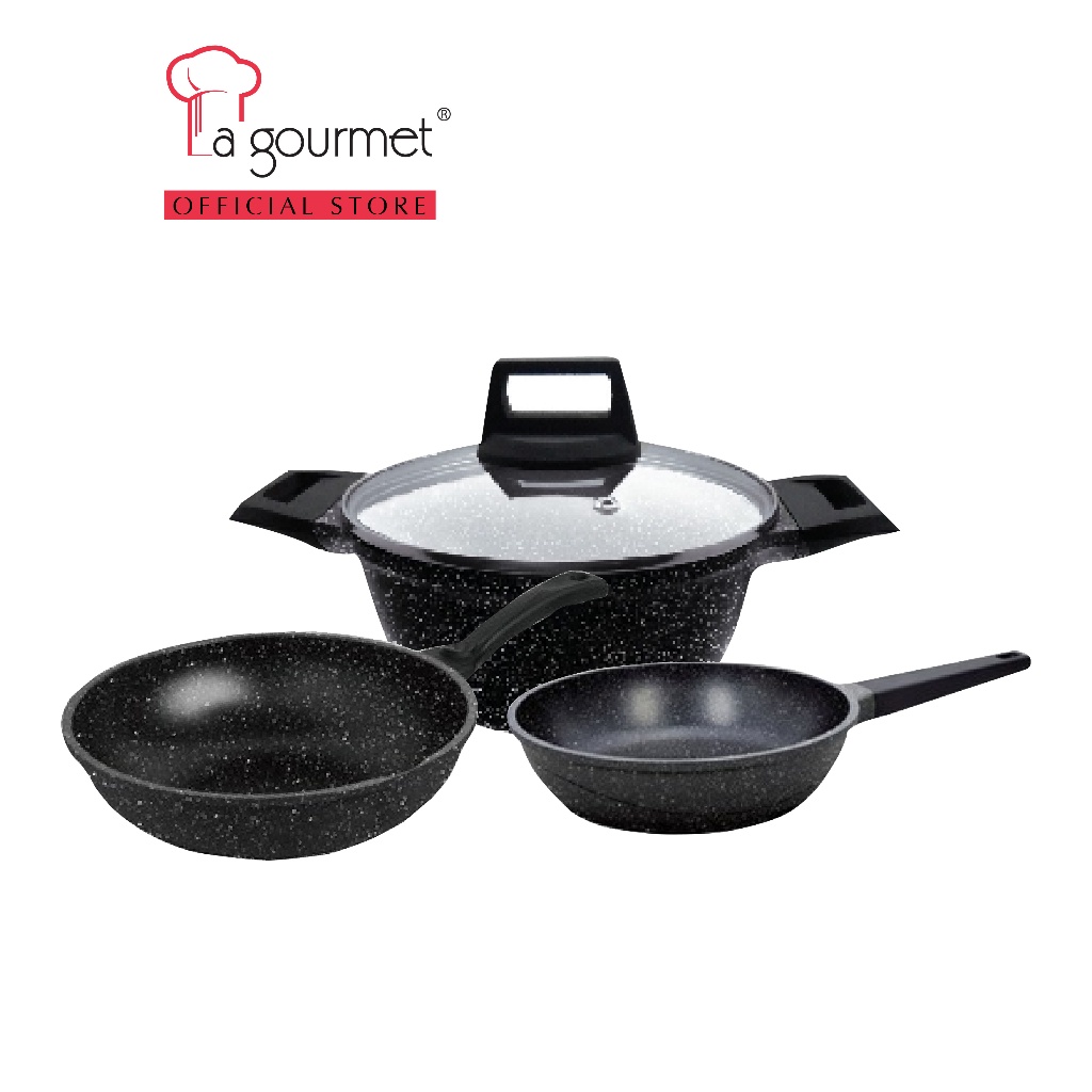 Shogun Senjo Non Stick Set: 18cm Marble Deep Frypan (IH) + 28cm Marble Tempura Wok (IH) + 24cm ...