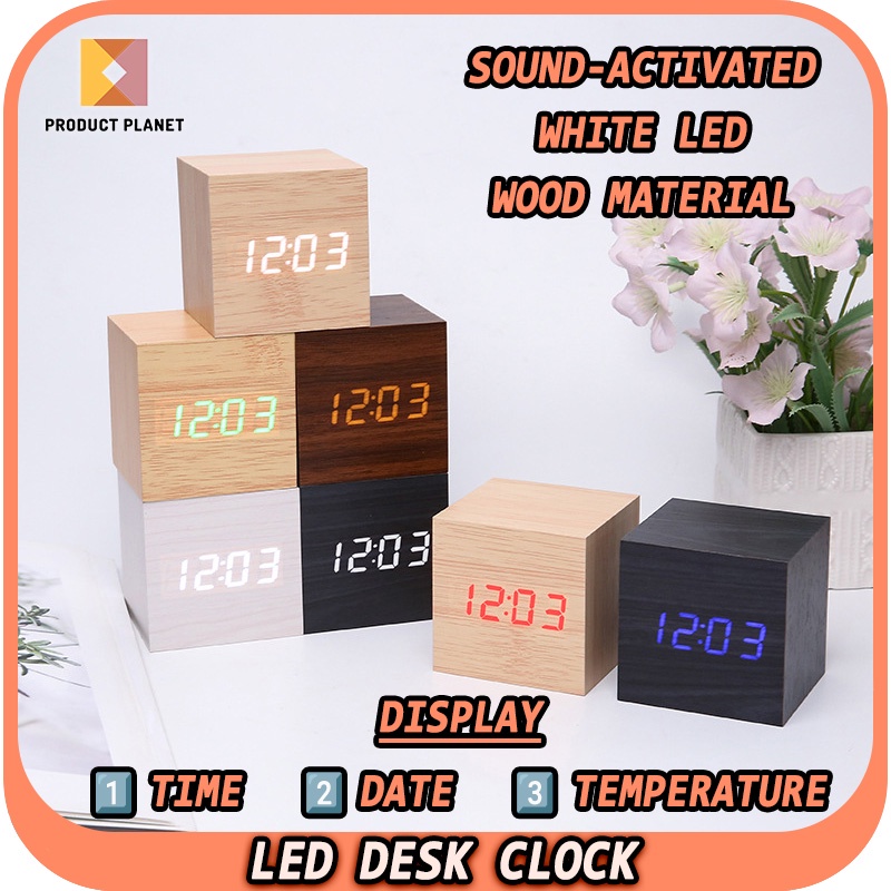 Digital Wooden LED Alarm Clock Backlight Voice Control Wood Retro Glow ...