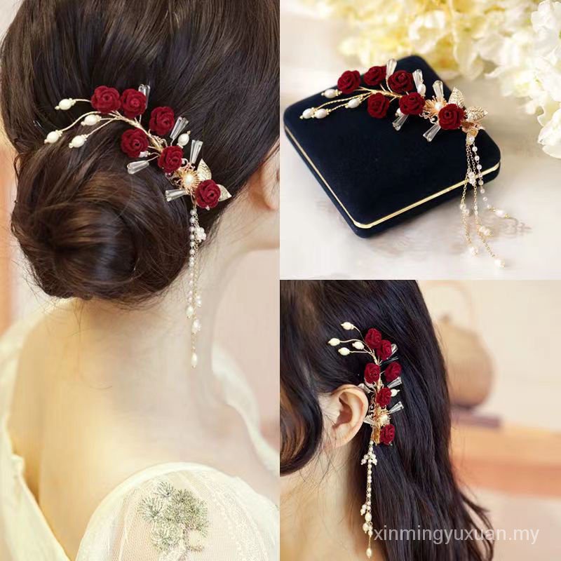 New Style Ethnic Style Retro Hanfu Cheongsam Classical Coiled Hair Red ...