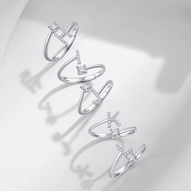 S925 Silver Alphabet Open Ring Crystal Engagement Wedding Jewelry for ...