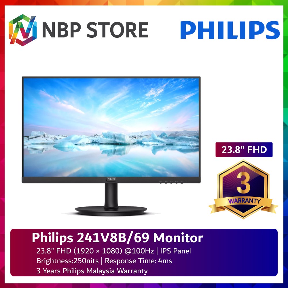 Philips 241V8B/69 23.8" FHD 100Hz IPS Monitor Black ( HDMI, VGA, 3 Yrs ...
