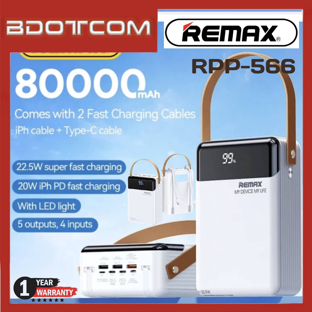 REMAX Lesu II Series RPP-566 80000mAh Power bank 5 Outputs 4 Inputs 20W + 22.5W Fast Charging ...