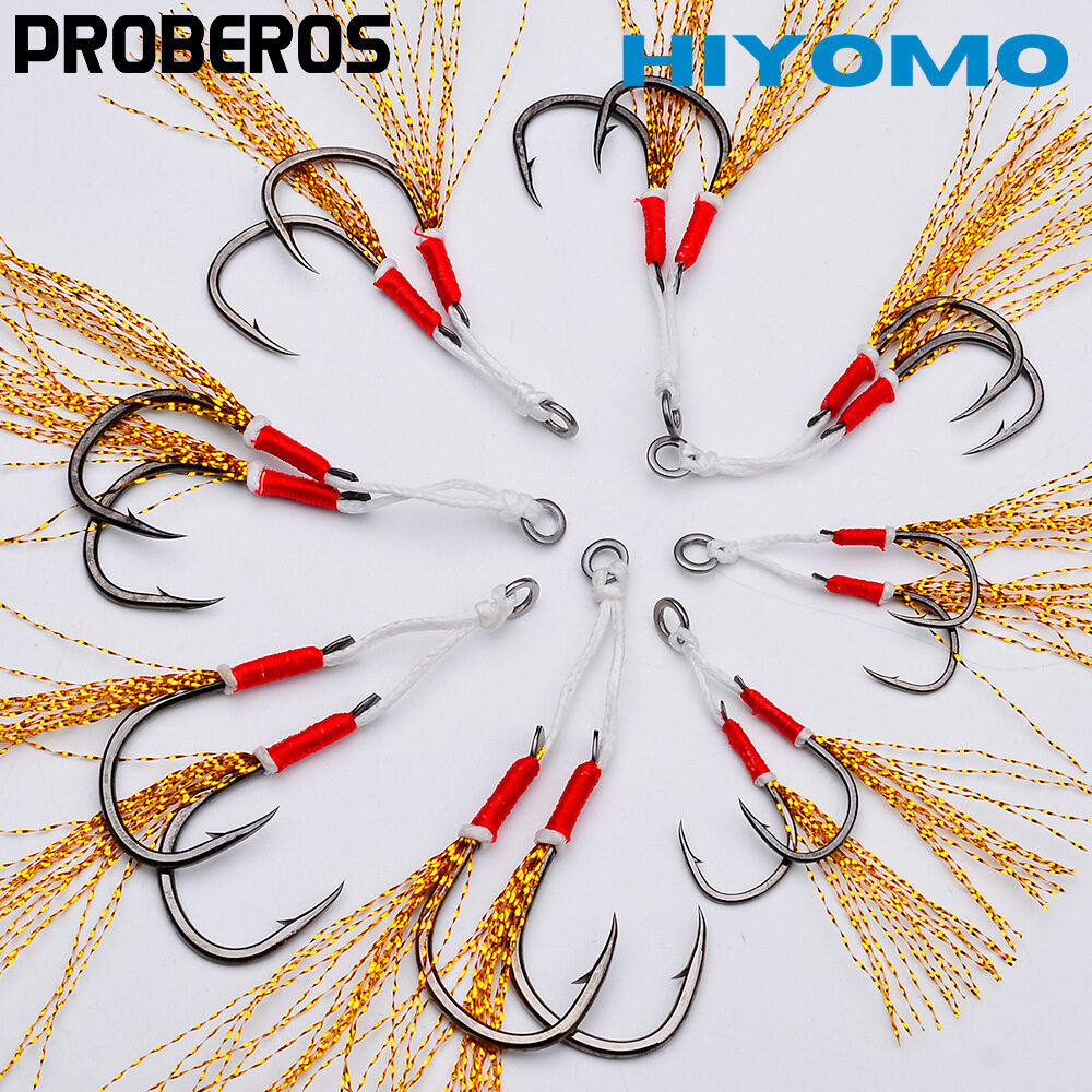 PROBEROS 1pair Metal Jig Assist Hook Barbed Double Hook Jigging Fishing Hook Thread Feather High ...