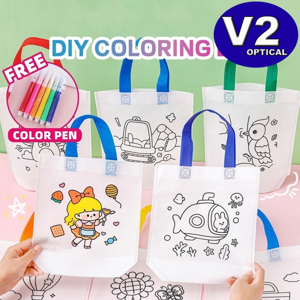 Kids DIY Coloring Eco Non Woven Bag With Color Pen 6 pcs Painting ...