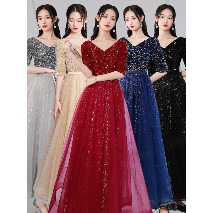 Elegant Sequins Chorus Performance Dress Temperament Mid Sleeve V-neck Starry Sky Princess ...