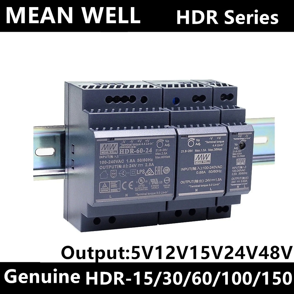 Original Mean Well HDR-15 30 60 100 150 series DC 5V 12V 15V 24V 48V meanwell Ultra Slim Step ...
