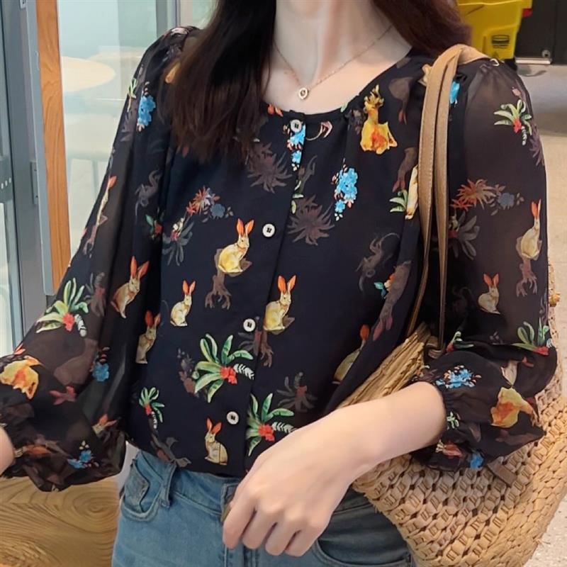 New 24H Shipping Round Neck Loose Lantern Sleeve Rabbit Printed Shirt ...