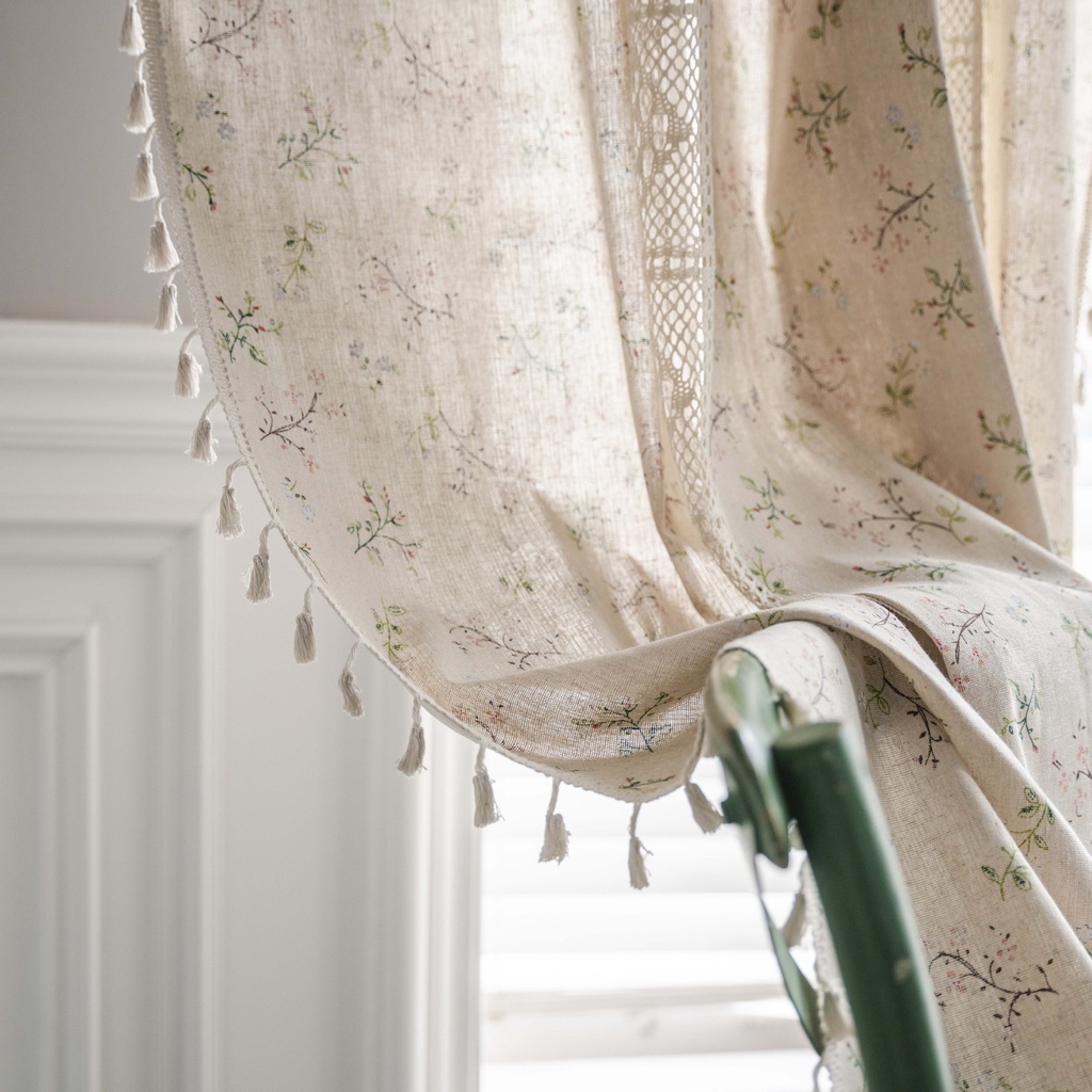 Spliced Curtain Floral Print Cotton Curtain with Tassels High-end ...