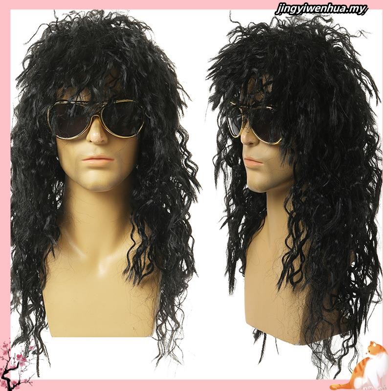 Ketchup1 Men Wig Black Long Curly Wig Male Synthetic Cosplay Wigs Puffy ...