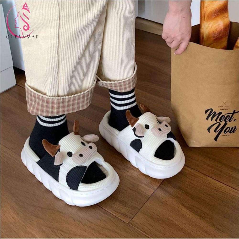 OCEANMAP Cow Linen Slippers, Soft Non-Slip Cartoon Cow Capybara ...