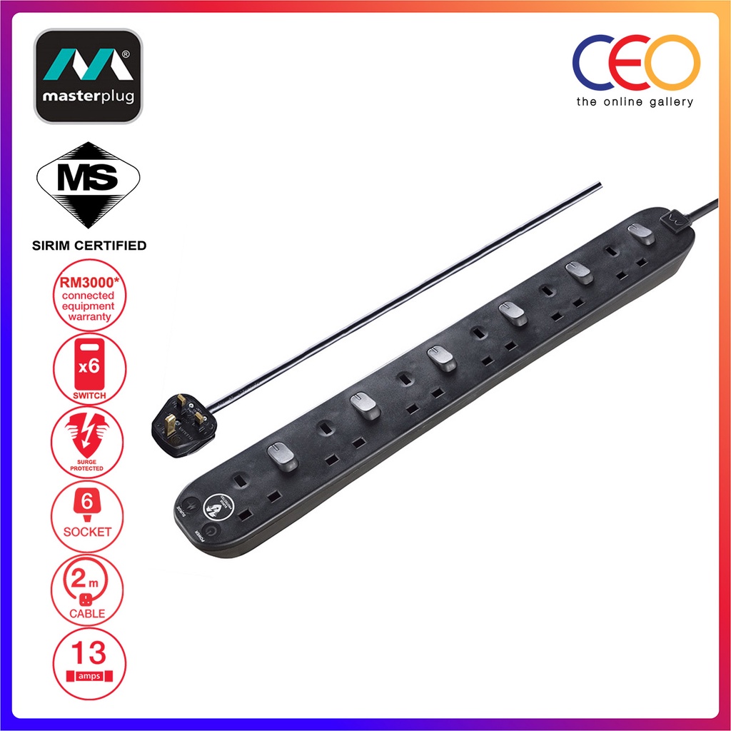 Masterplug Surge Protector 6 Gang 2 Meter Switched Extension Leads ...