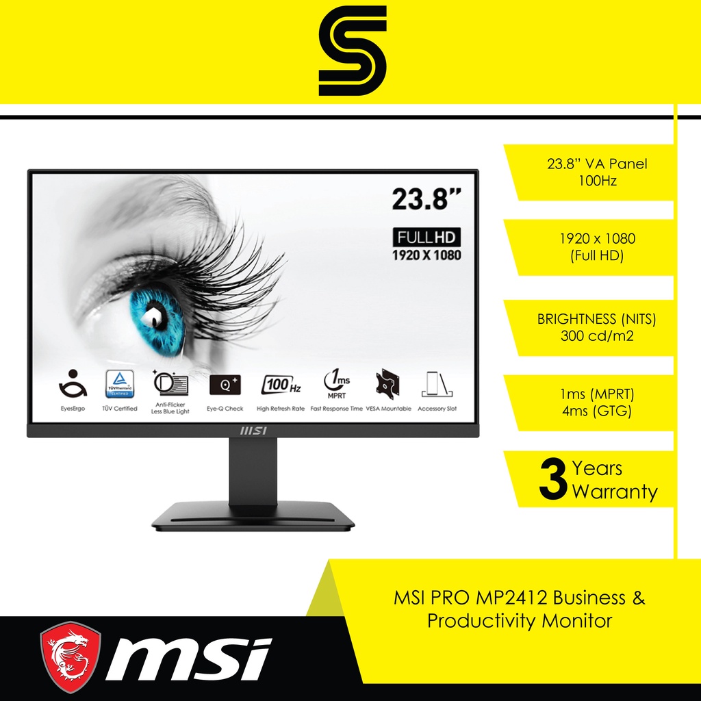 MSI Pro MP2412 Business & Productivity Monitor - 23.8"/1920 x 1080 ...