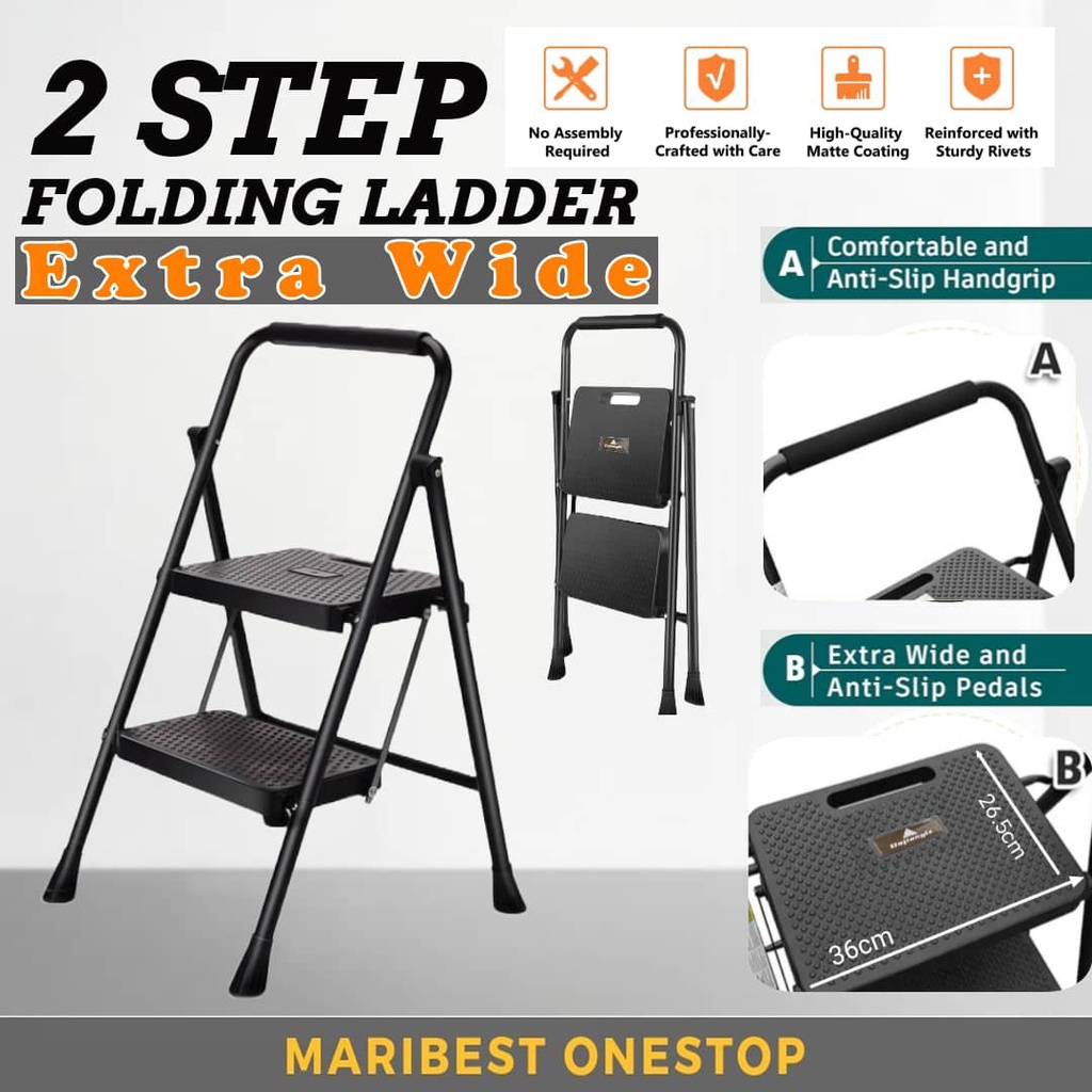 2 Step Extra Wide Anti Slip Foldable Ladder Lightweight Folding Step ...