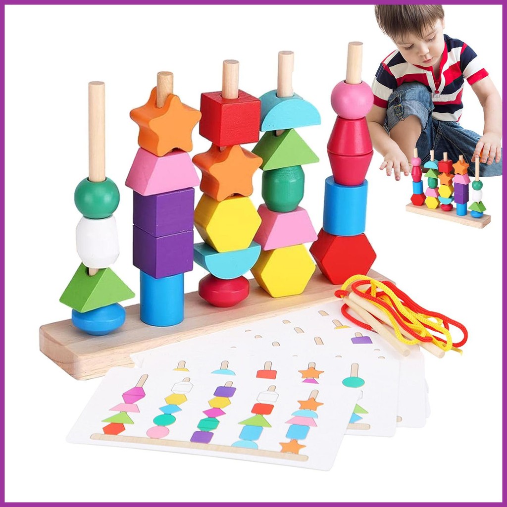 Wood Stacking Block Montessori Wooden Beads Sequencing Toy Set Stacking ...