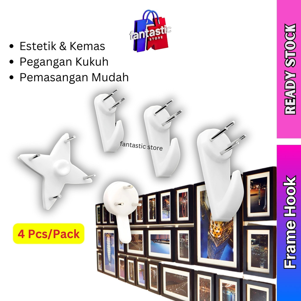 4PCS Wall Mount Hook Hanger Photo Frame Photo Picture Nail Hook Tempat ...