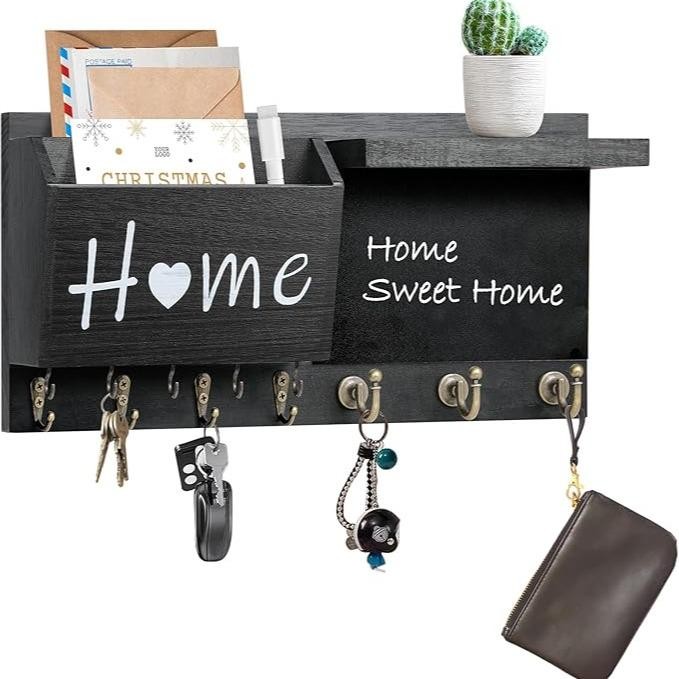 Wooden Blackboard Wall-Mounted Key Rack with Shelf, 12-Key Hooks, Mail ...