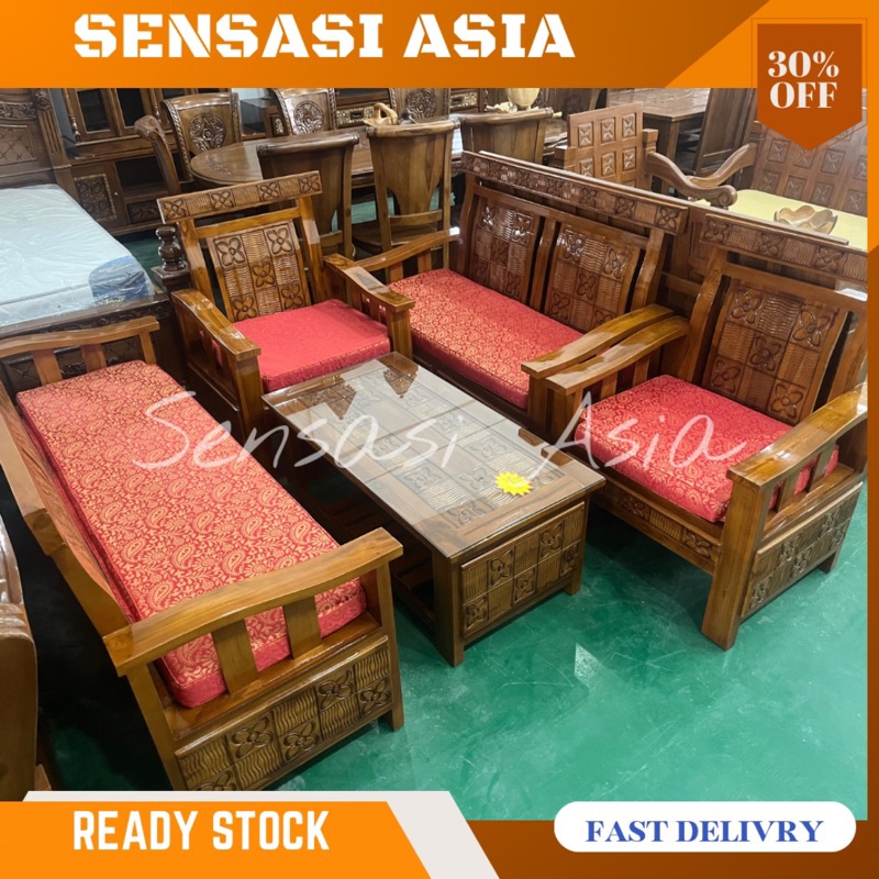 KERUSI KAYU JATI MINIMALIS 7 SEATTER / KERUSI KAYU JATI / SOFA KAYU ...