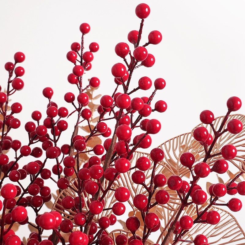 New Year Decor Artificial Red Berry Flowers Bouquet Fake Plant Gold ...