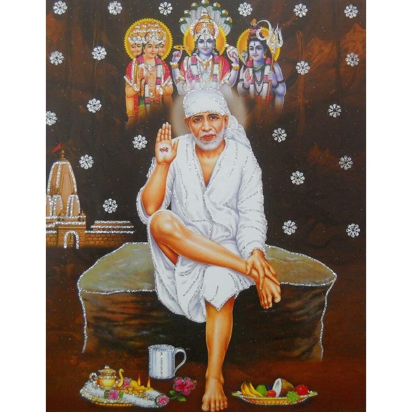 Blessing Sai baba Hindu God Poster with Glitter re print on canvas d ...